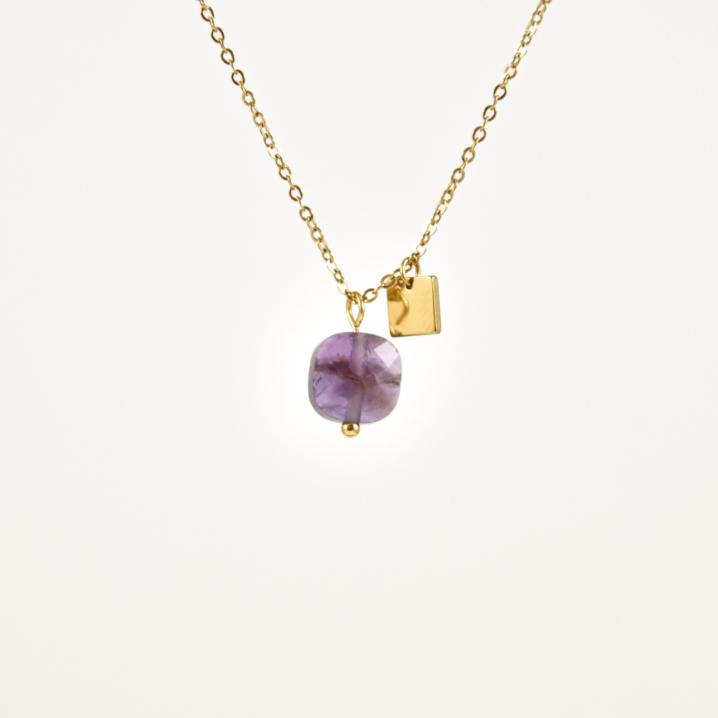 COLLIER AMETHYSTE CARREE ACIER INOXYDABLE GOLD PETIT PRIX